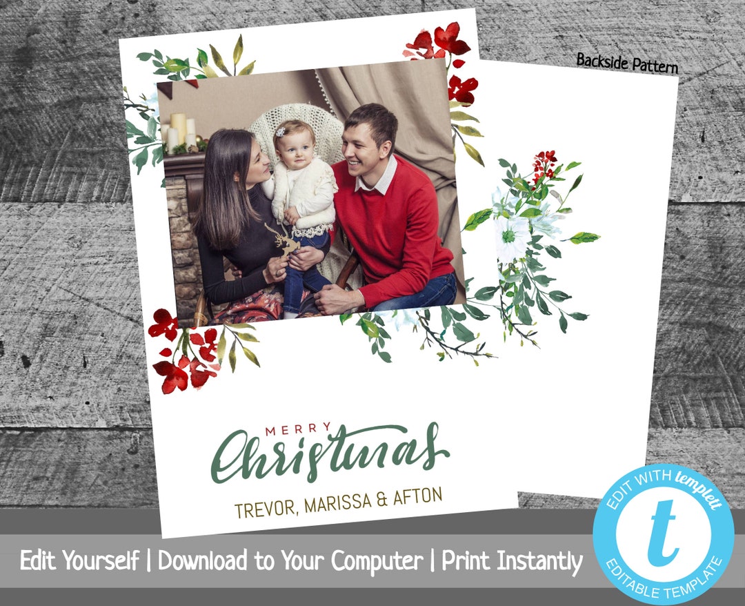 Floral Christmas Card With Photo Template, Photo Holiday Card ...