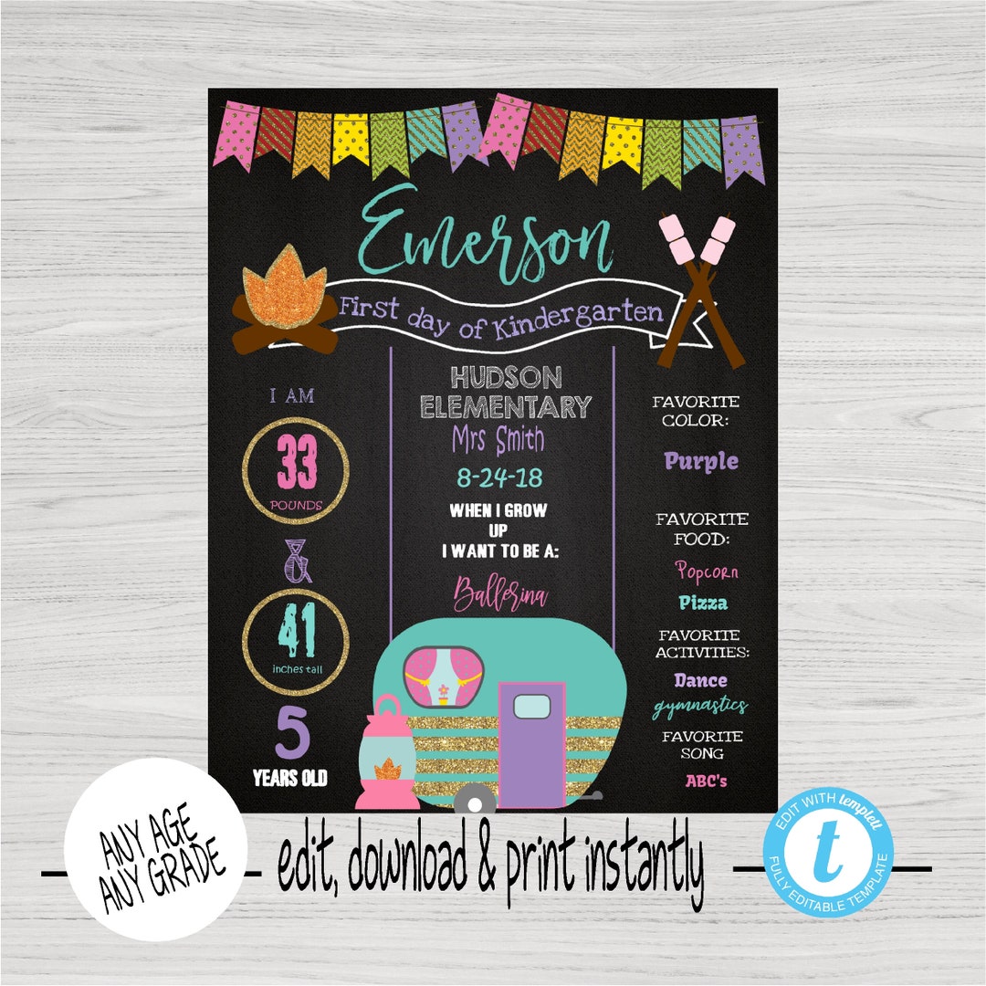 Camping First Day of School Sign, Glamping Back to School Printable ...