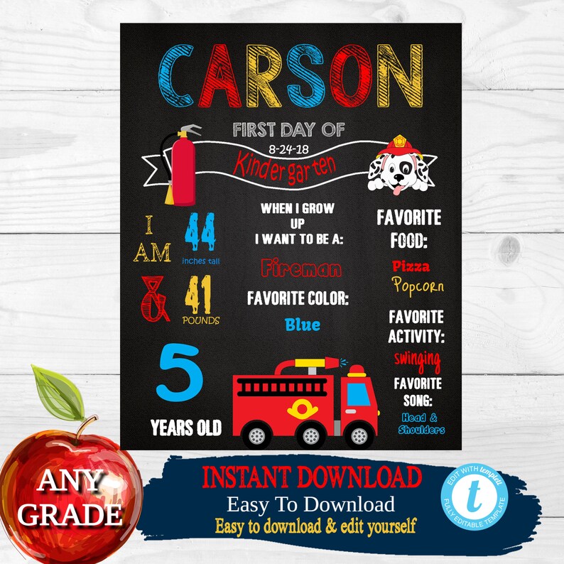 Firetruck Game First Day of School Sign, Back to School Printable ...