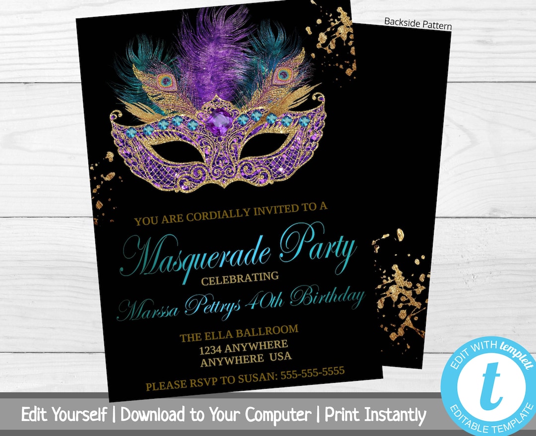 Masquerade Birthday Party Invitation, Mardi Gras Birthday, Birthday Party Invite, Masquerade ...