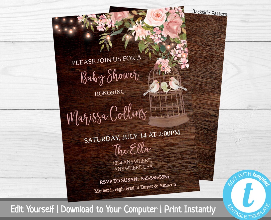 Bird Baby Shower Invitation, Rustic Floral Baby Shower Invite ...