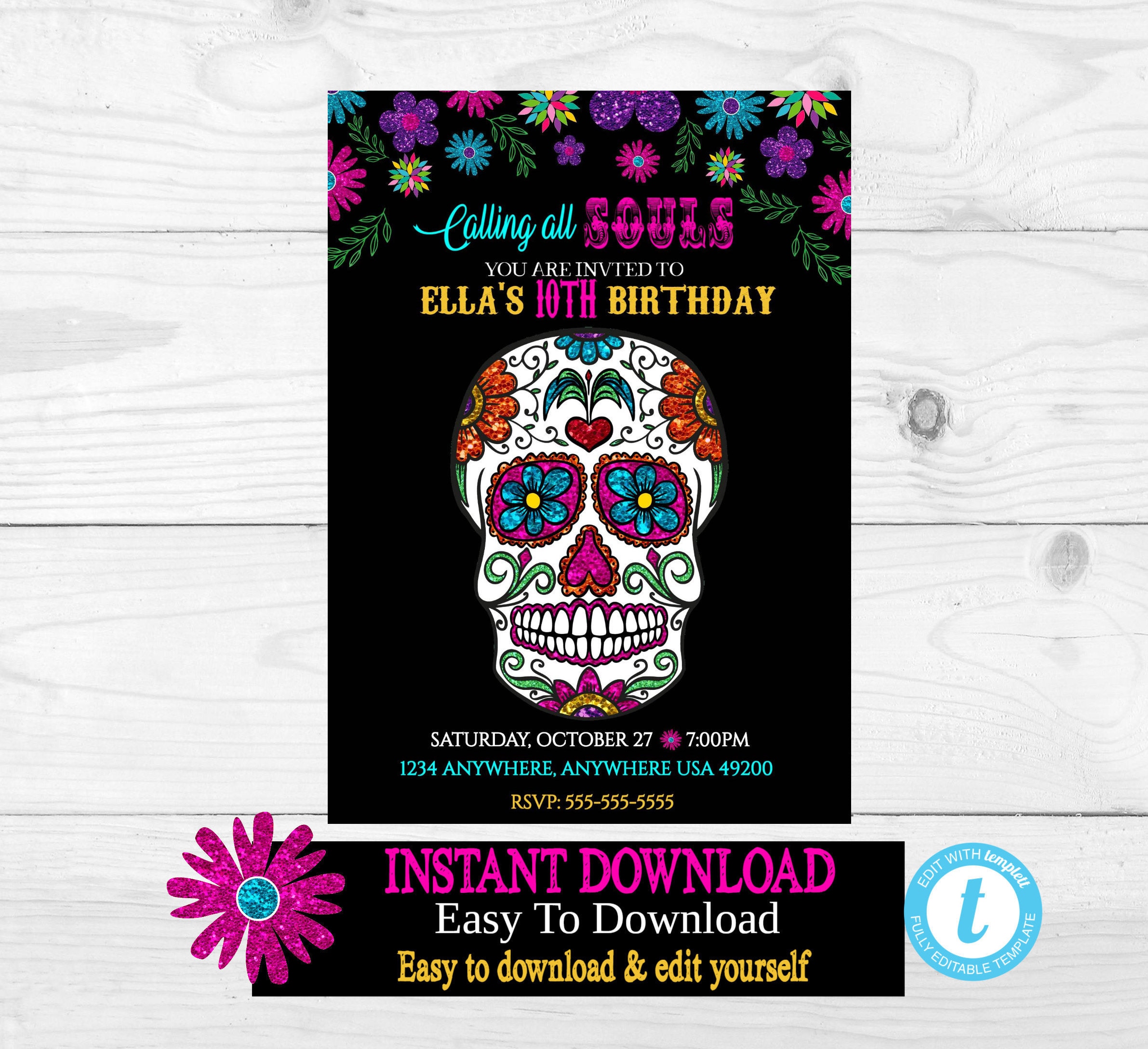 Sugar Skull Birthday Invitation - Sugar Skull Halloween Invite-party ...