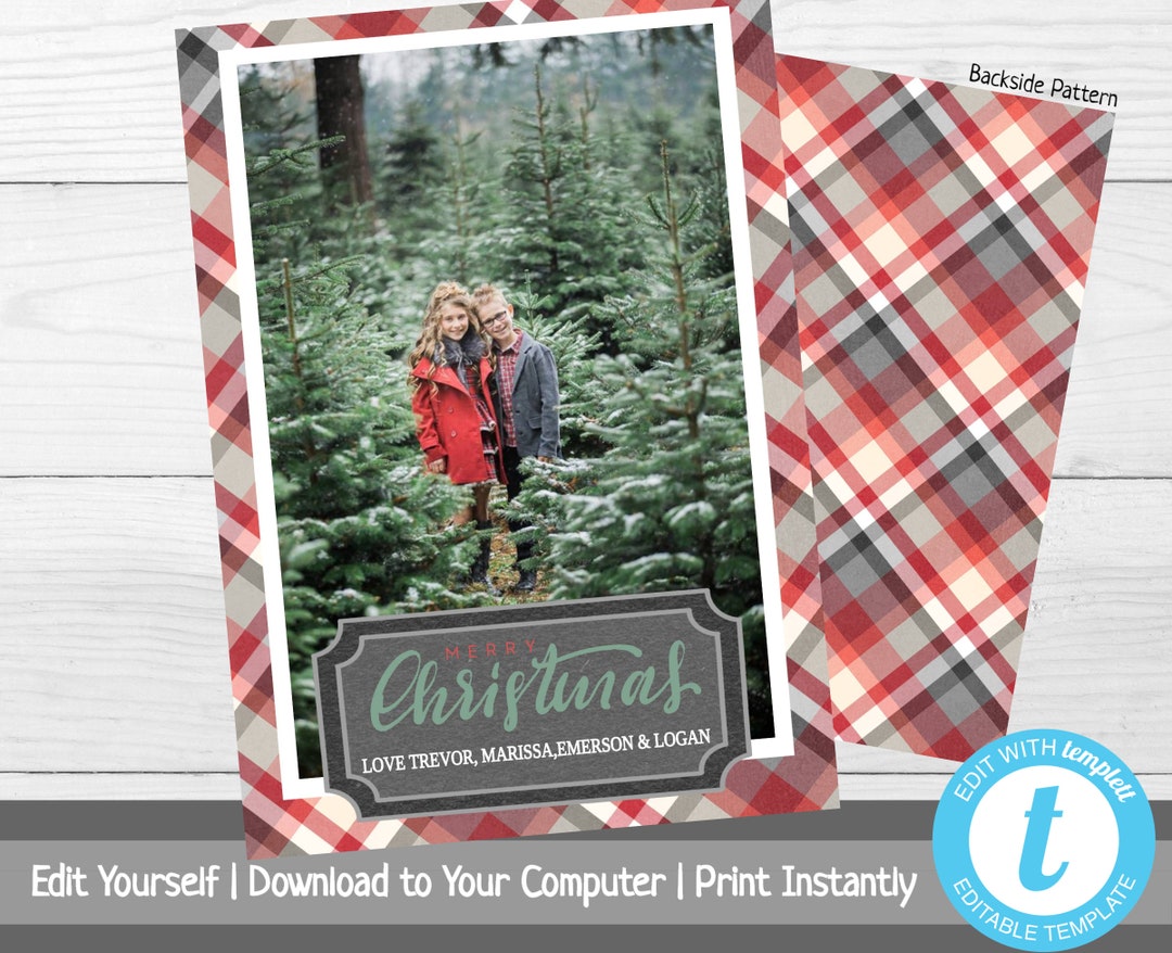 Plaid Christmas Photo Card, Christmas Card With Photo Template, Holiday ...