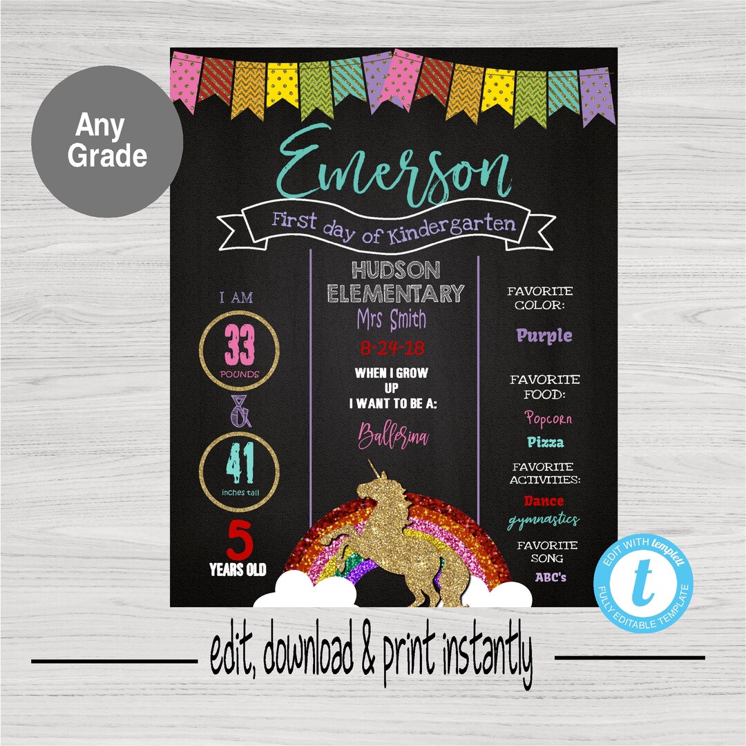 Unicorn First Day of School Sign, Rainbow Back to School Printable ...
