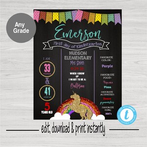 Unicorn First Day of School Sign, Rainbow Back to School Printable ...