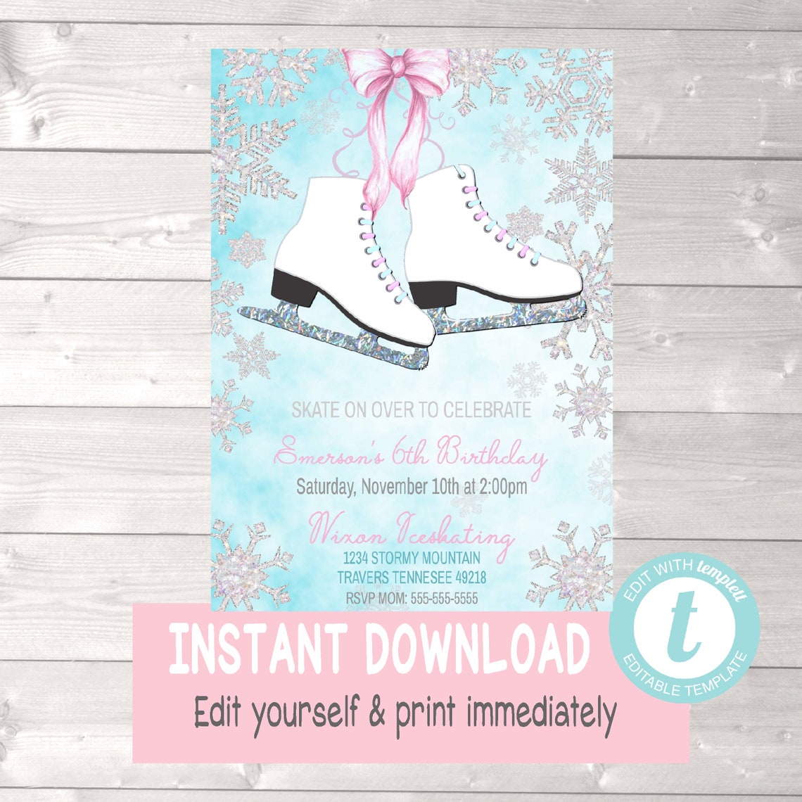 Ice Skating Birthday Party Invitations, Ice Skates Birthday Invite, Snowflakes, Winter Ice ...