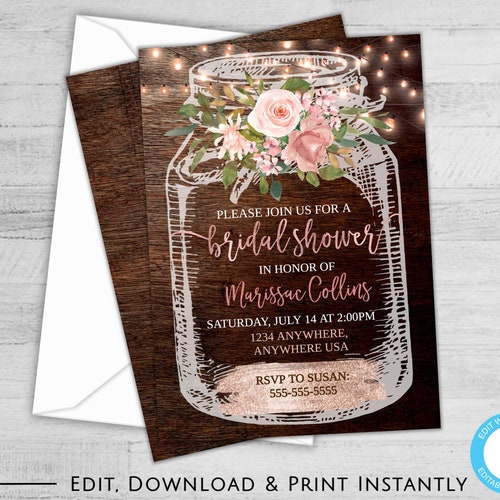 Rustic Mason Jar Bridal Shower Invitation Mason Jar Invite - Etsy