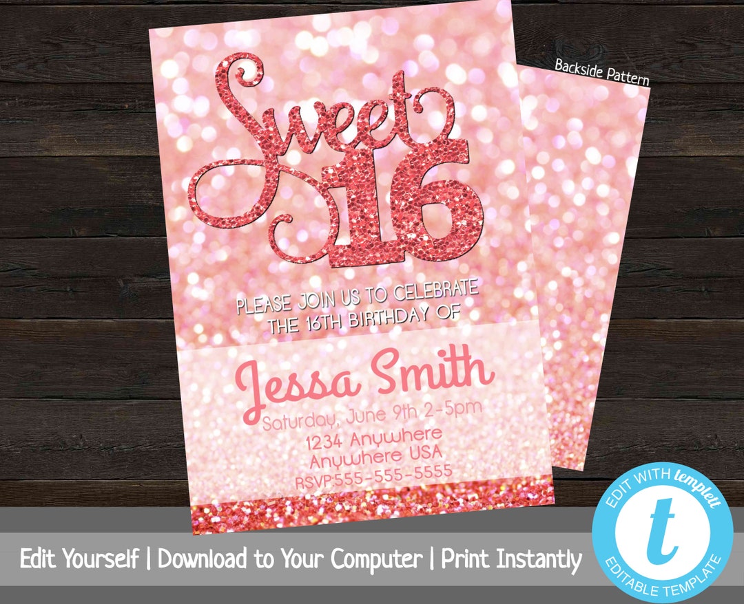 Printable Sweet 16 Invitation, Birthday Invitation Template, Sweet ...