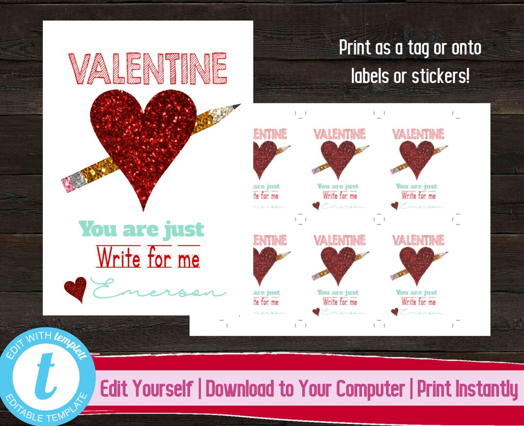 Printable Valentine's Day Tag, Glitter Valentines Day Stickers, Pencil ...