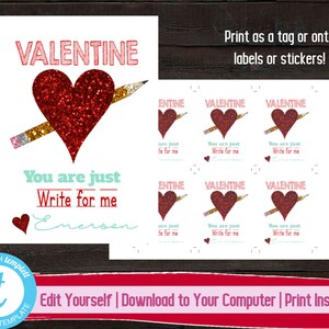 Printable Valentine's Day Tag, Glitter Valentines Day Stickers, Pencil ...