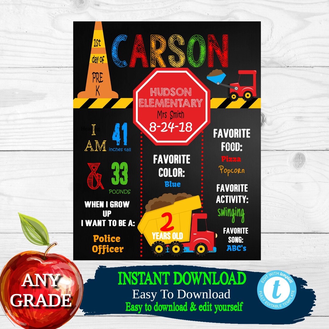 Construction First Day of School Sign, Back to School Printable ...