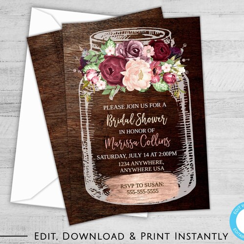 Rustic Mason Jar Bridal Shower Invitation Mason Jar Invite - Etsy