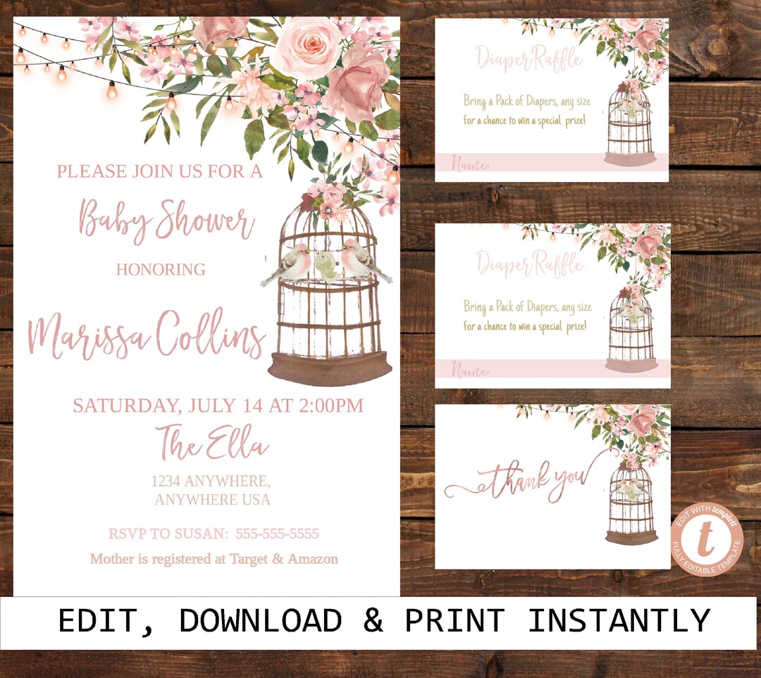Bird Baby Shower Invite, Rustic Baby Shower, Diaper Raffle, Thank You ...