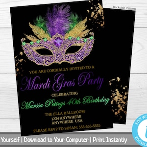 Mardi Gras Birthday Party Invite, Masquerade Birthday Party Invite ...