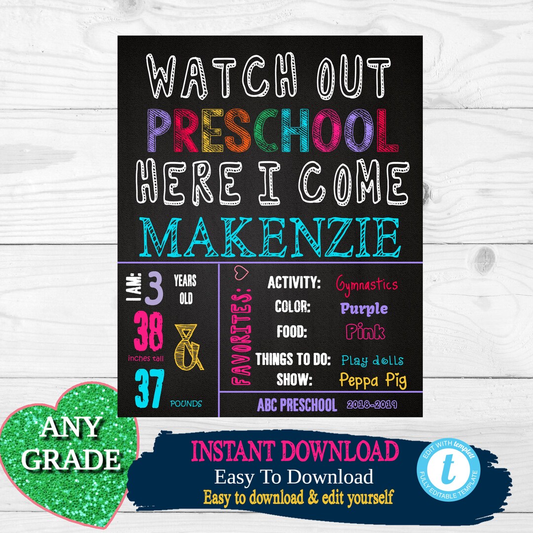 Watch Out Preschool Here I Come, First Day of School Sign, Back to ...