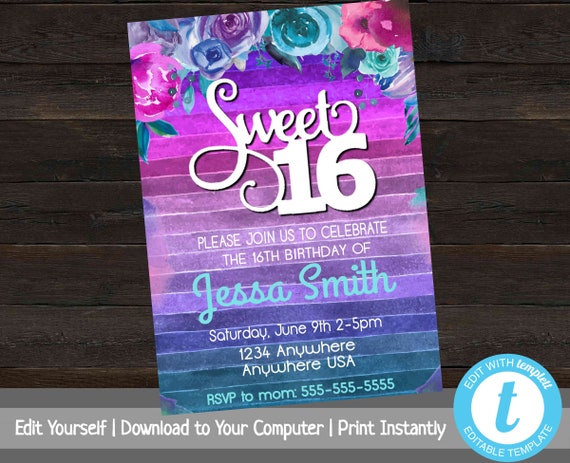 Sweet 16 Party Invitation Template Printable Birthday Party | Etsy