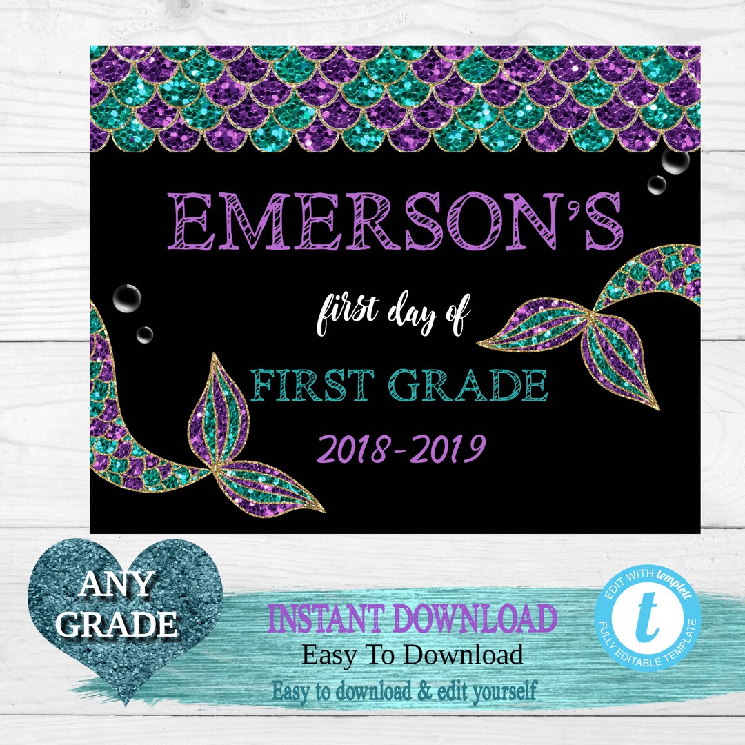 Mermaid Glitter First Day of School Sign, Mermaid Tail Back to School ...