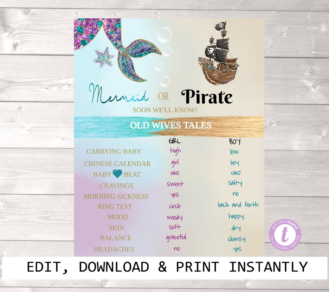 Mermaid or Pirate Gender Reveal Party Sign Old Wives Tale Gender Reveal ...