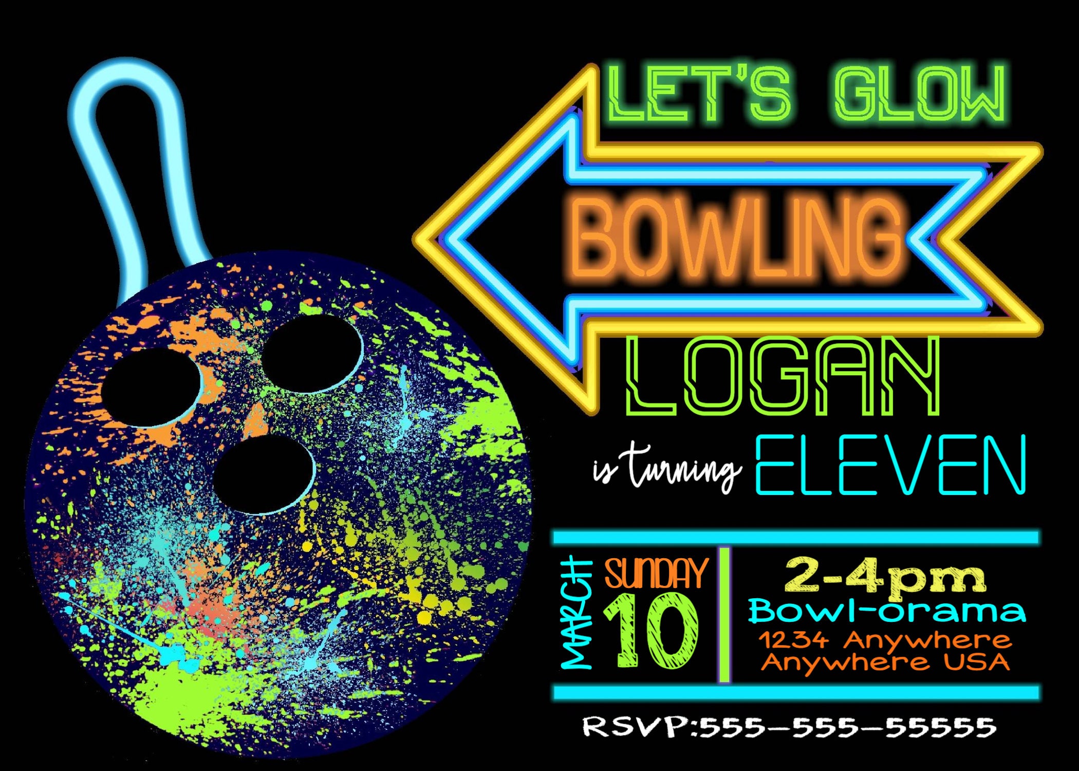 Neon Bowling Invitation | Edit Yourself Bowling Invite, Glow Bowling ...