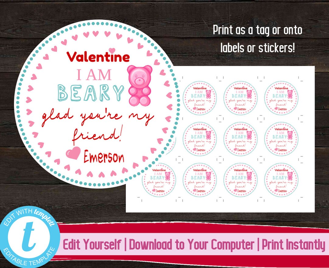 Printable Valentine's Day Gift Tags, Bear Valentines Day Sticker, Kids ...