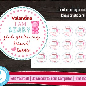 Printable Valentine's Day Gift Tags, Bear Valentines Day Sticker, Kids ...
