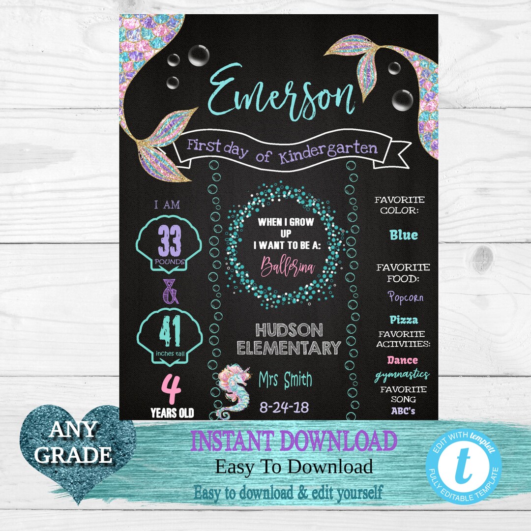 Mermaid Glitter First Day of School Sign, Mermaid Tail Back to School ...