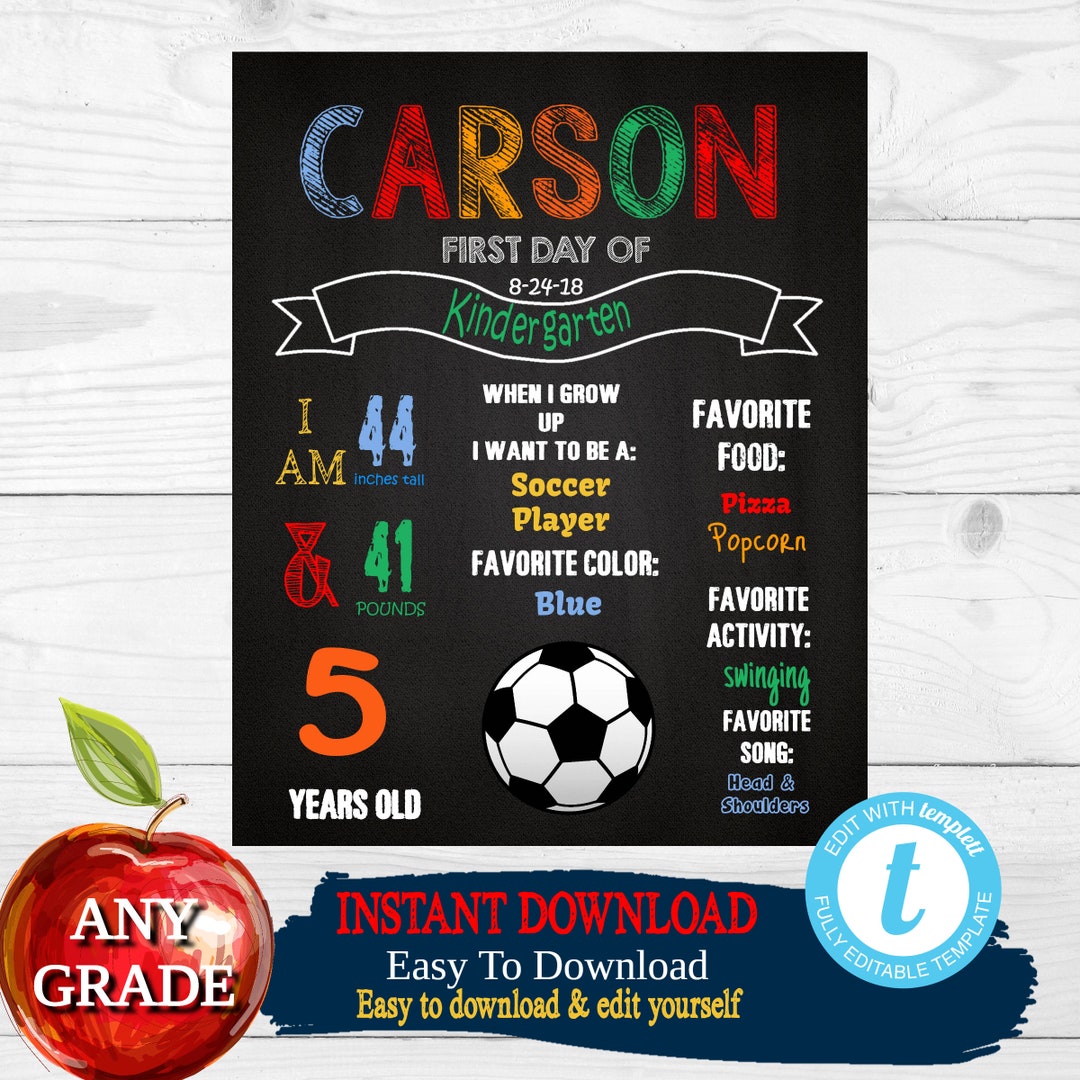 Soccer First Day of School Sign, Back to School Printable Chalkboard ...