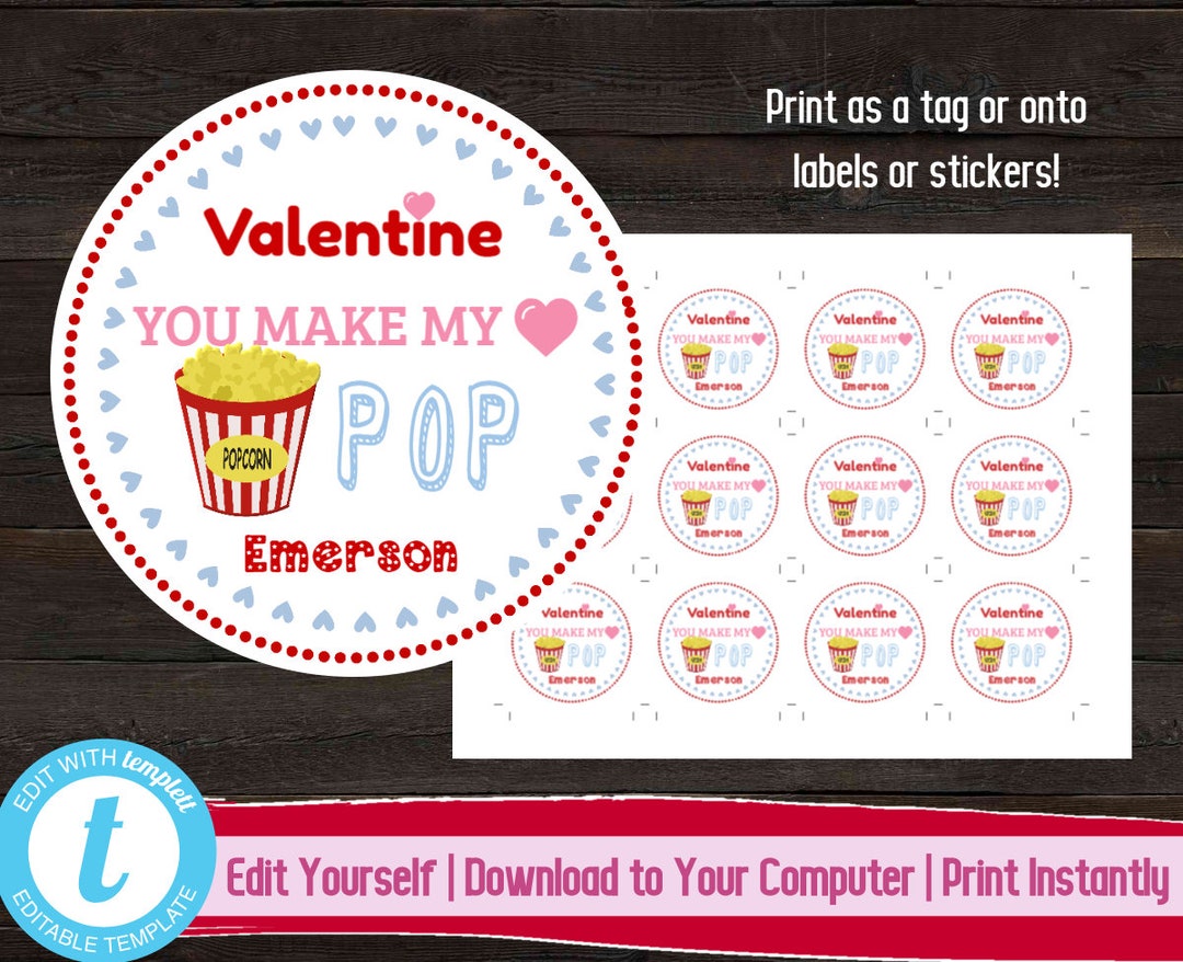 Valentine's Day Gift Tag Popcorn, Editable Valentines Day Sticker ...