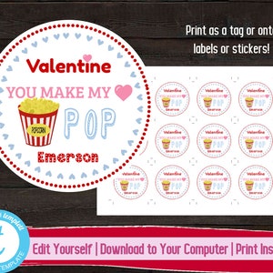Valentine's Day Gift Tag Popcorn, Editable Valentines Day Sticker ...