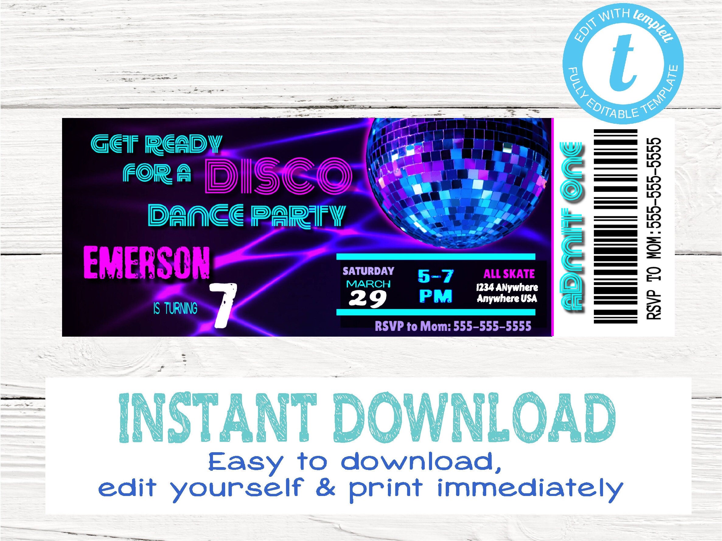 NEON DISCO Ticket Invitation | Edit Yourself VIP, Disco Dance Party ...