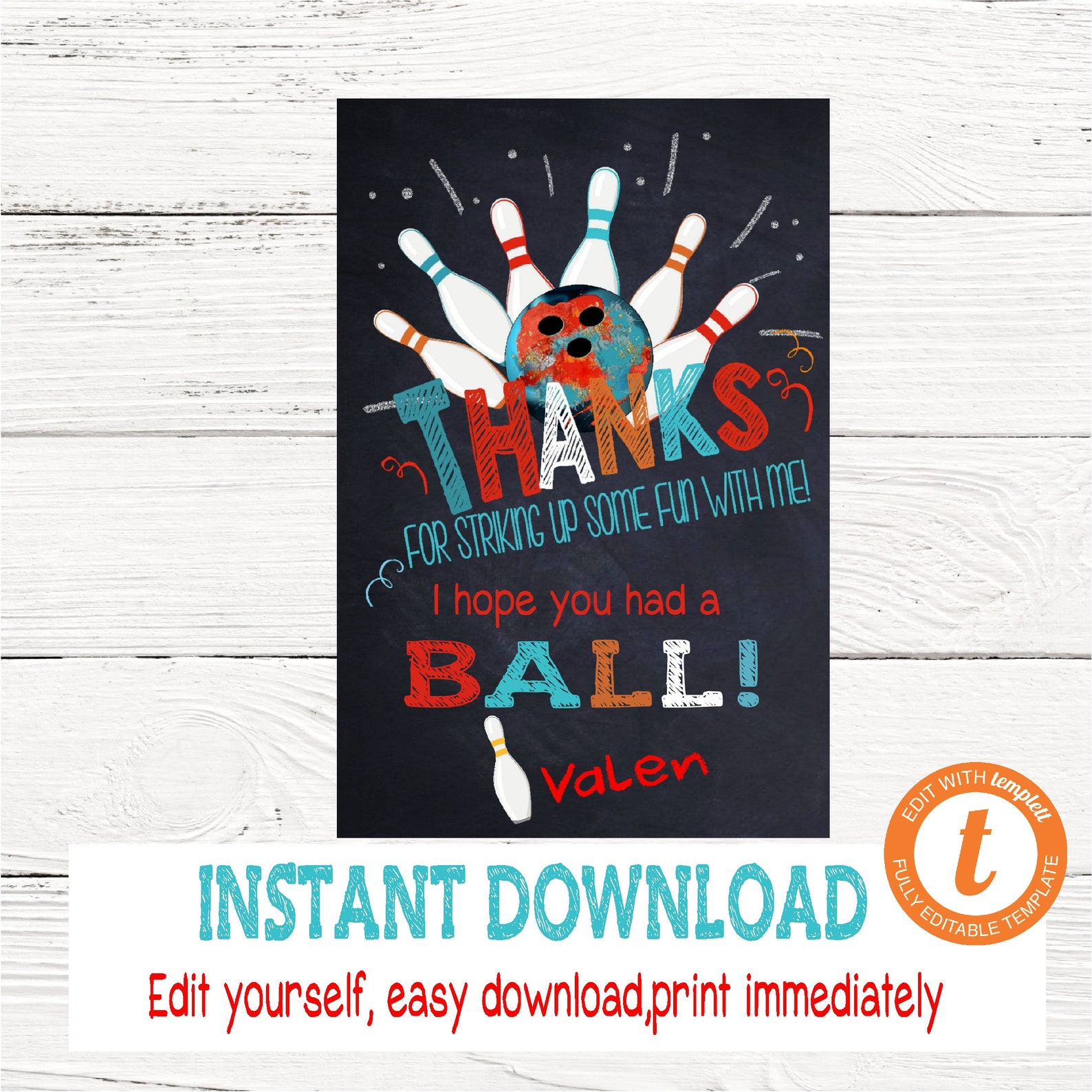 Thank You CARD BOYS BOWLING | Edit Yourself | Party Thank You Tag ...