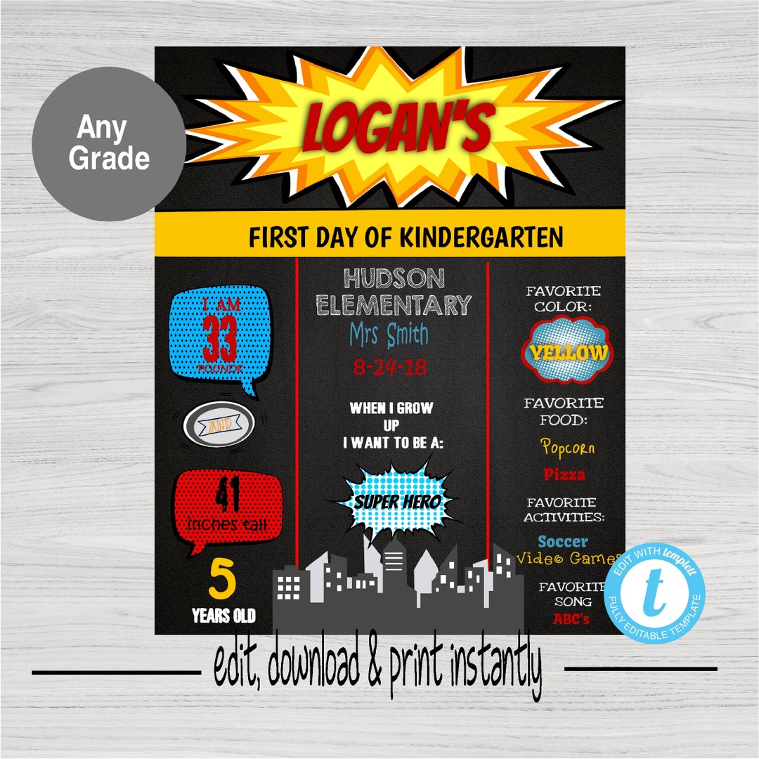 Superhero First Day of School Sign, Super Hero Back to School Printable ...