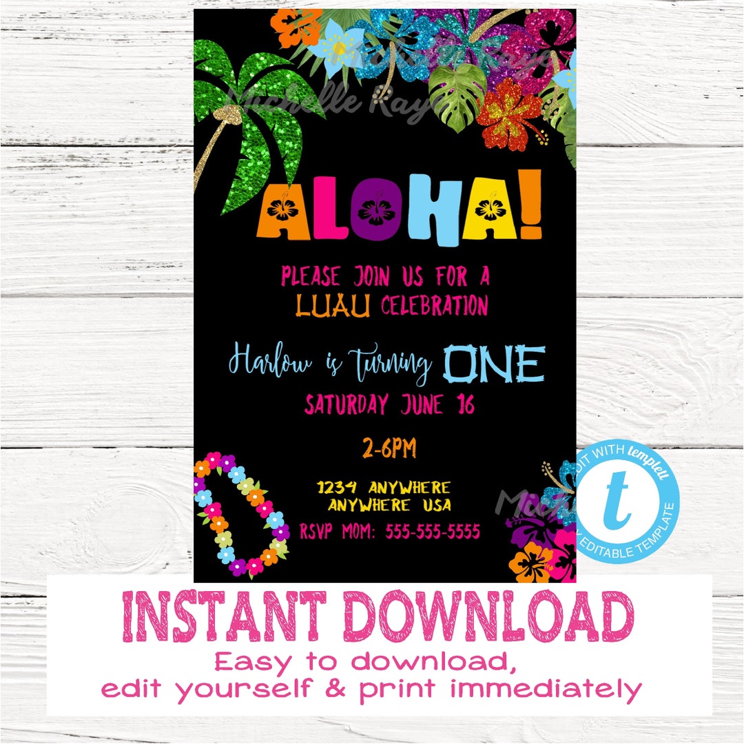 Hawaiian Birthday Invitation, Tiki Party Invitation, Glitter Invitation ...