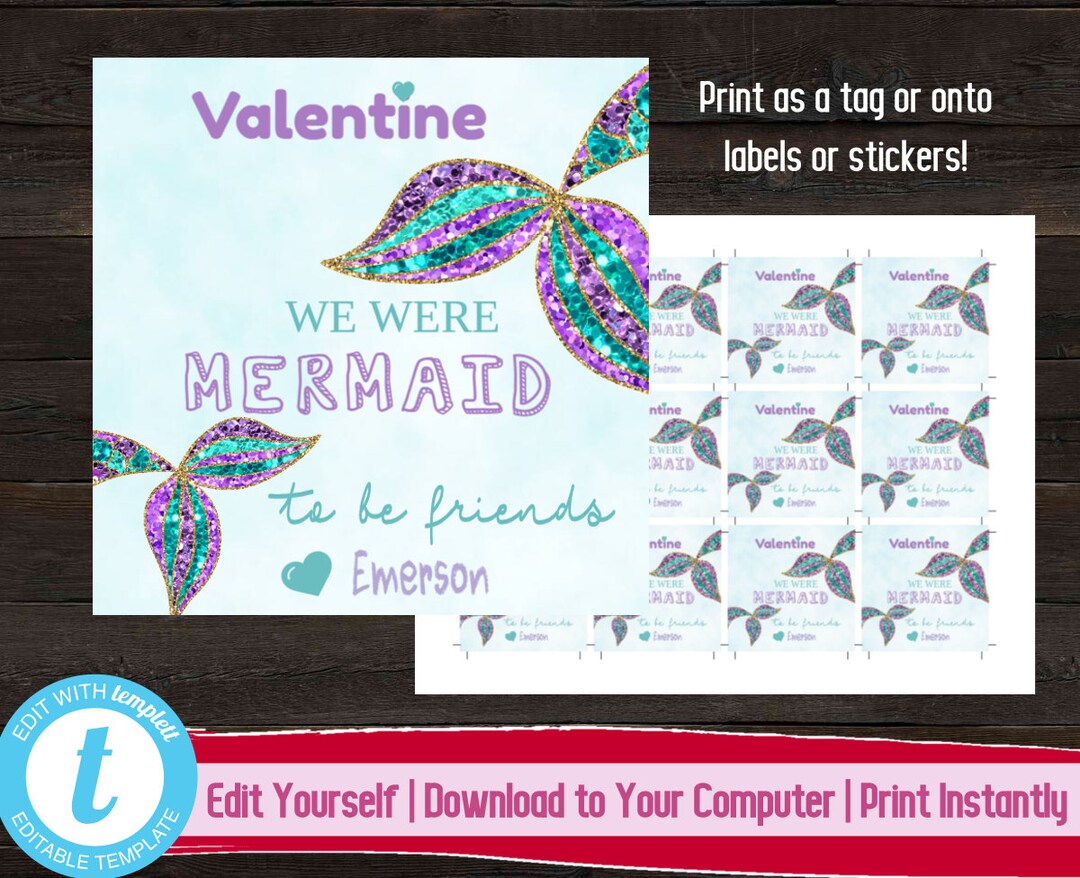 Mermaid Valentine's Day Tag, Glitter Valentines Day Sticker, Kids ...