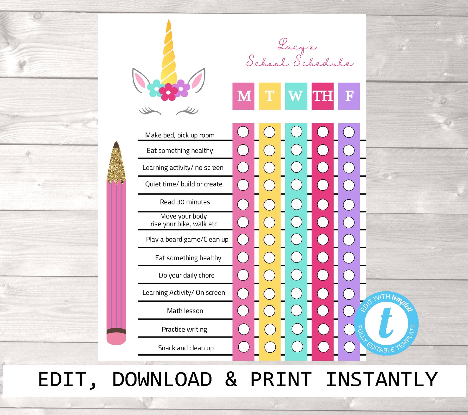 Unicorn Homechool Schedule Back to School Distance Learning - Etsy