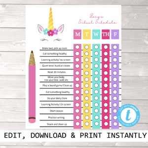 Unicorn Homechool Schedule, Back to School, Distance Learning Chart ...