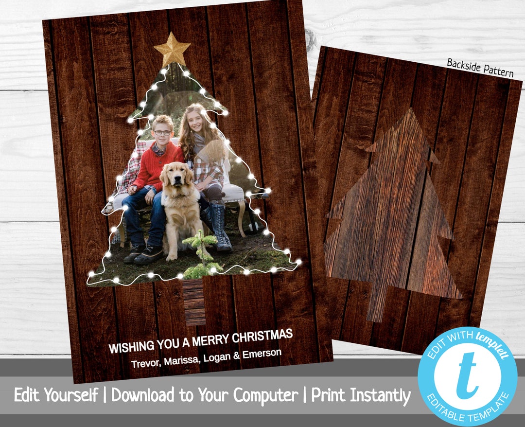 Rustic Christmas Card With Photo Template, Wood Christmas Tree, Photo ...