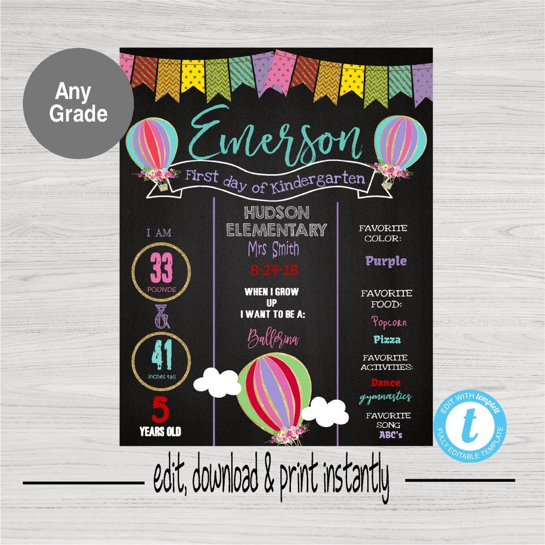 Hot Air Balloon First Day of School Sign, Back to School Printable ...