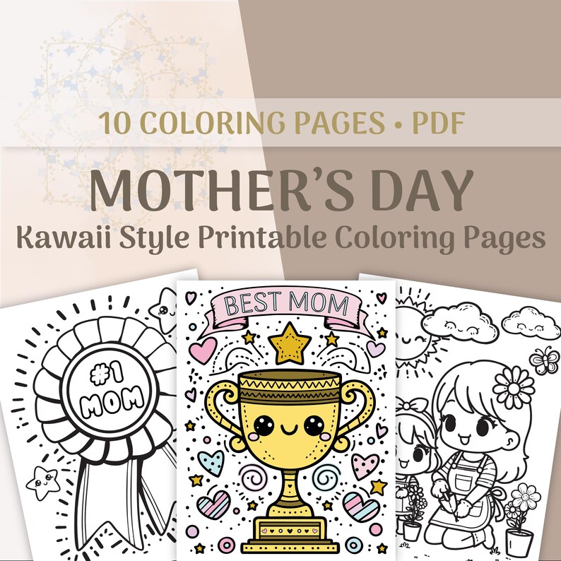 Mother’s Day Coloring Pages, 10 Kawaii Style Illustrations, Printable ...