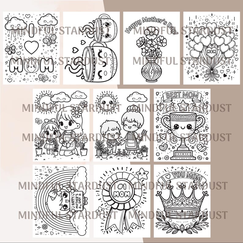 Mother’s Day Coloring Pages, 10 Kawaii Style Illustrations, Printable ...