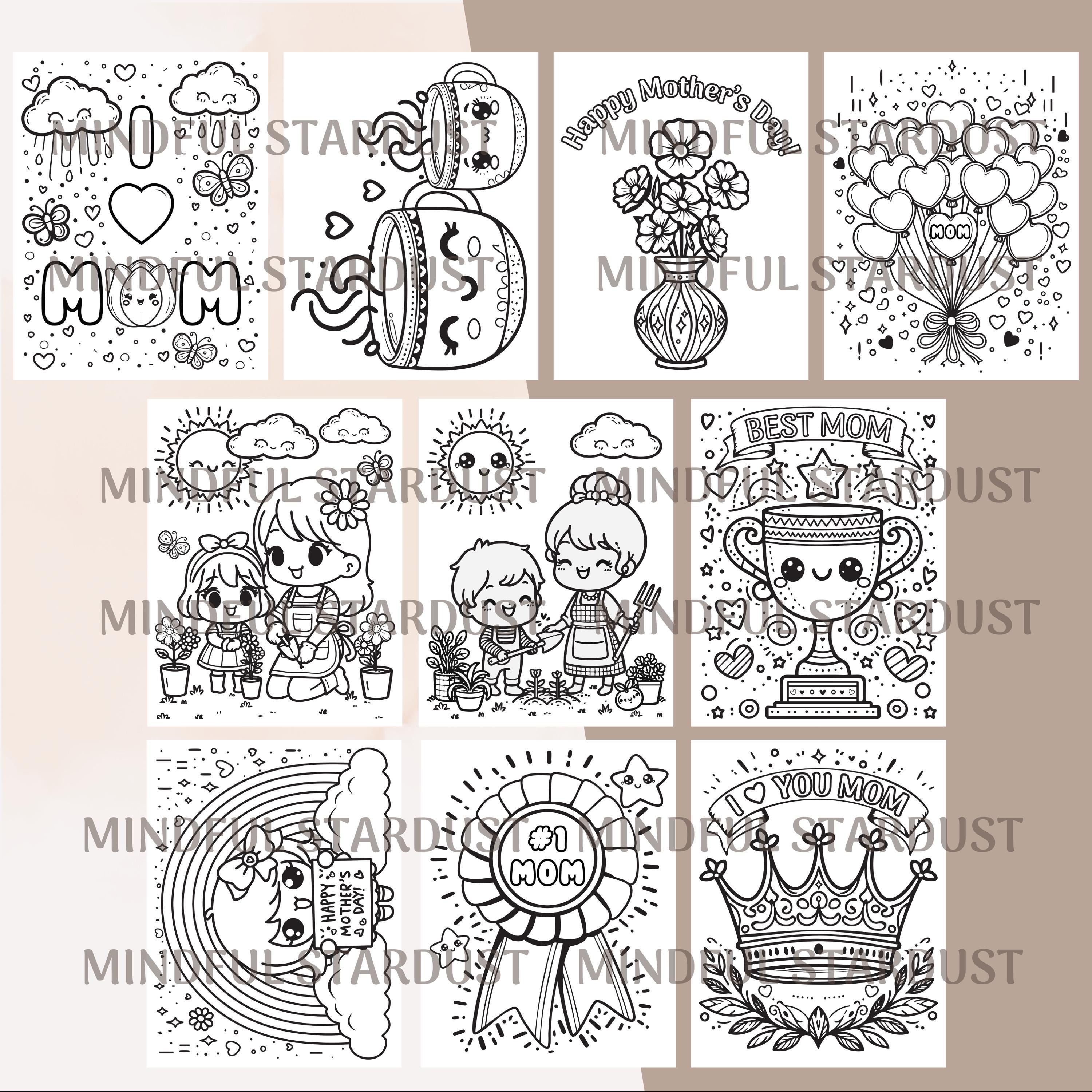 Mother’s Day Coloring Pages, 10 Kawaii Style Illustrations, Printable ...