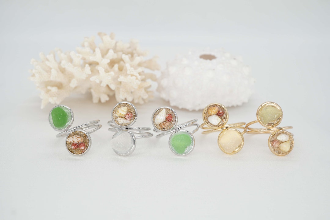 Sea Glass Shell Ring, Hawaiian Beach Adjustable Ring With Sea Shells ...