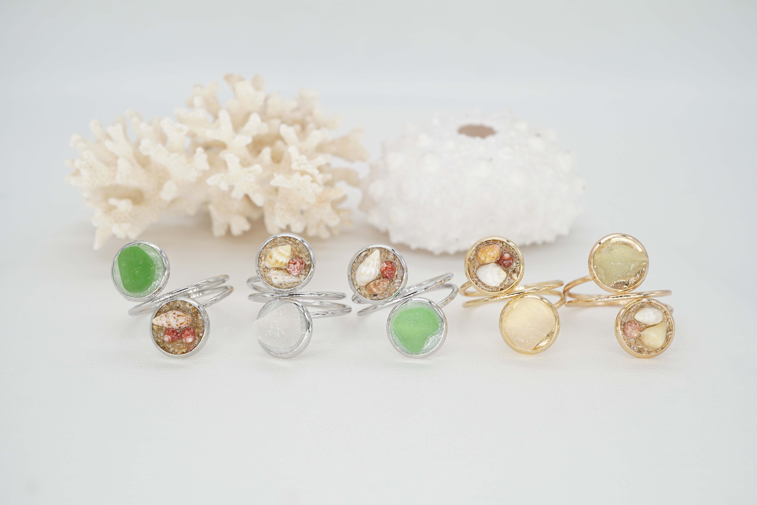 Sea Glass Shell Ring, Hawaiian Beach Adjustable Ring With Sea Shells ...