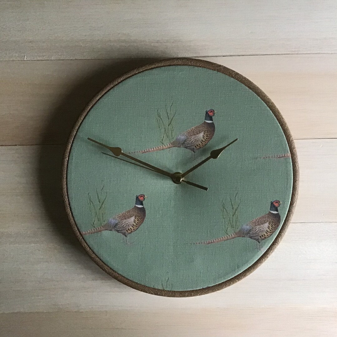 Pheasants on Sage Green Background Cotton Linen Fabric Covered 25cm 10 ...