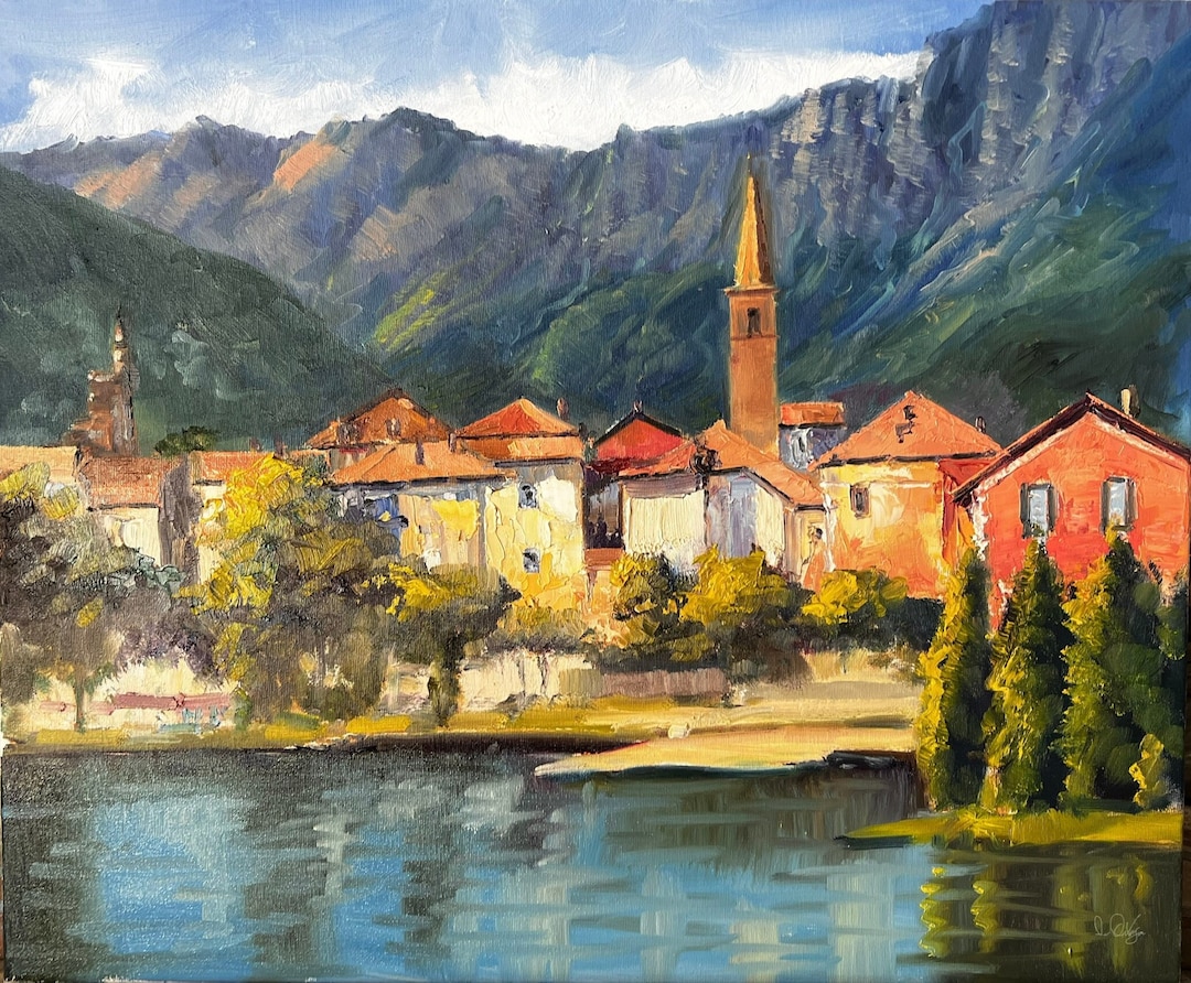 Village Along the Lake Painting Impressionism Oil on Canvas Size 60 X ...