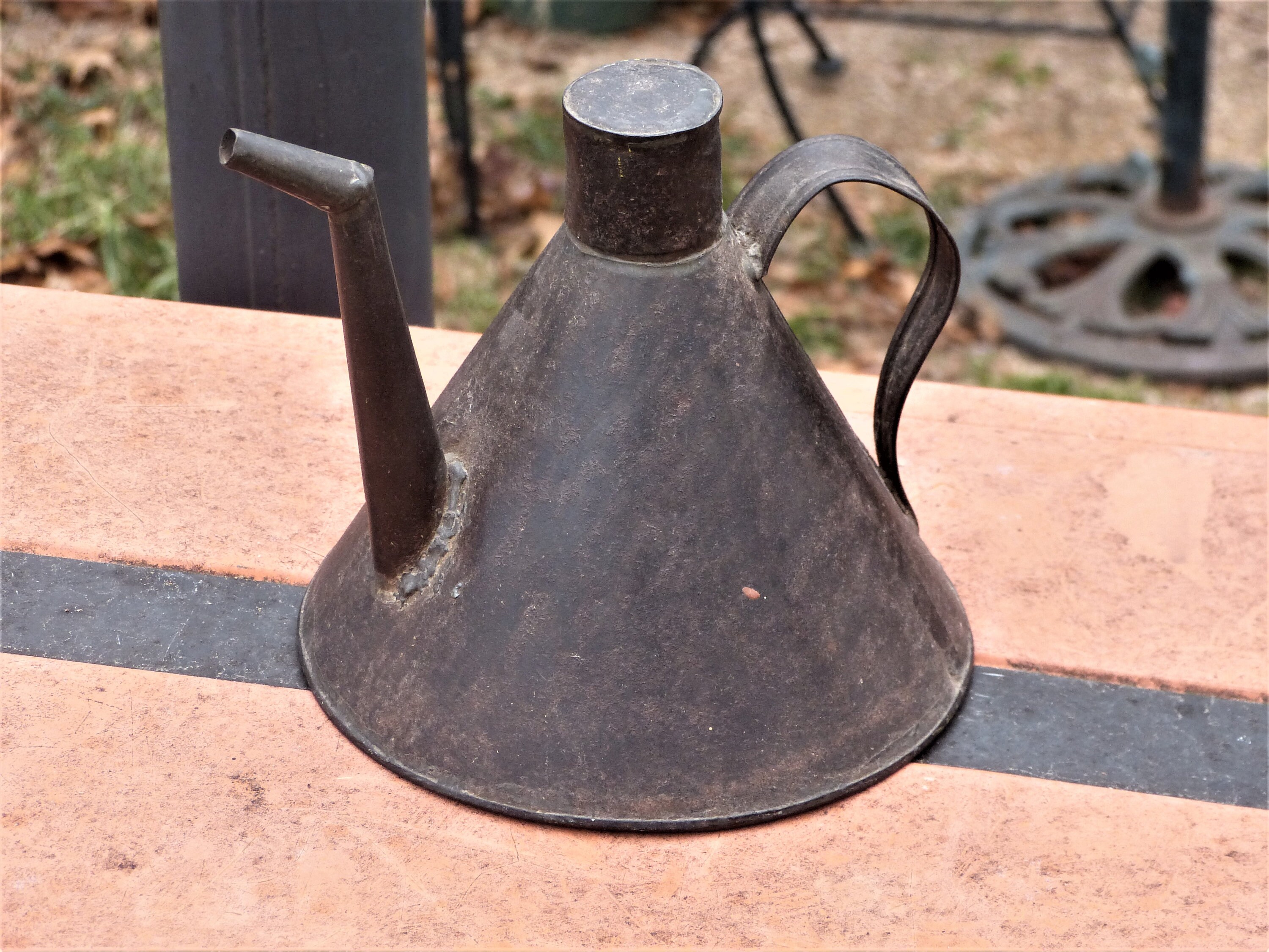 Unusual Vintage Tin Conical Oil Can W/ Lid Early Piece of Automoble ...