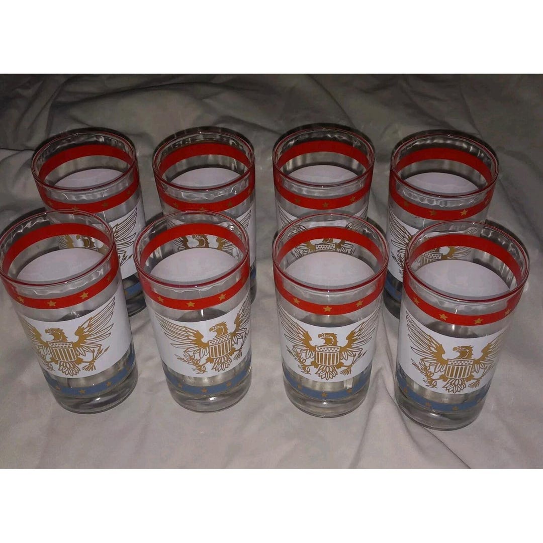 Vintage MCM Eagle and American Flag Frosted High Ball Barware Glass Set ...