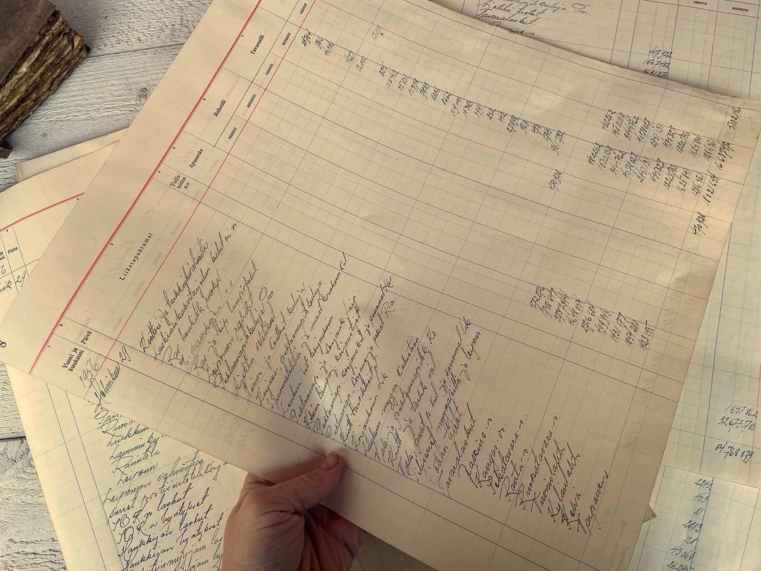 Huge Vintage Ledger Pages Handwritten, Finnish 1930s-50s Ephemera for ...