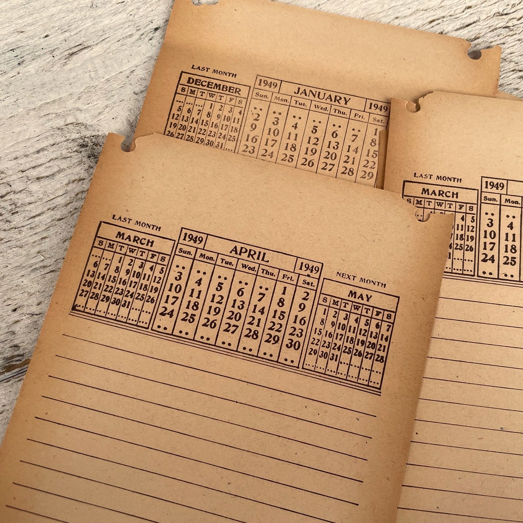 Vintage Desk Agenda Sheets 1949, Dark Patina, Aged Paper for Junk ...