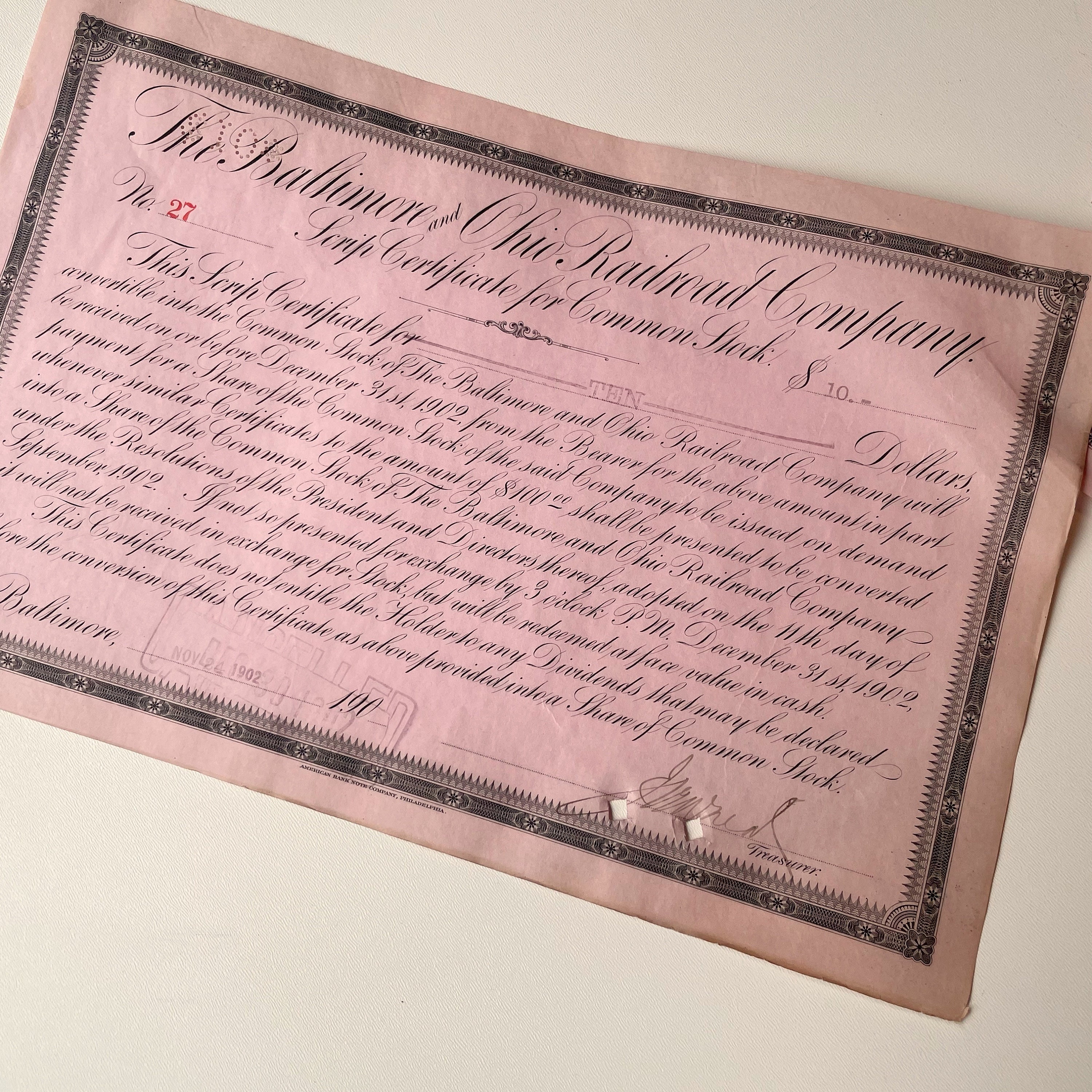 Antique Pink 1900s Stock Certificate, Vintage Scrapbooking Papers, Junk ...
